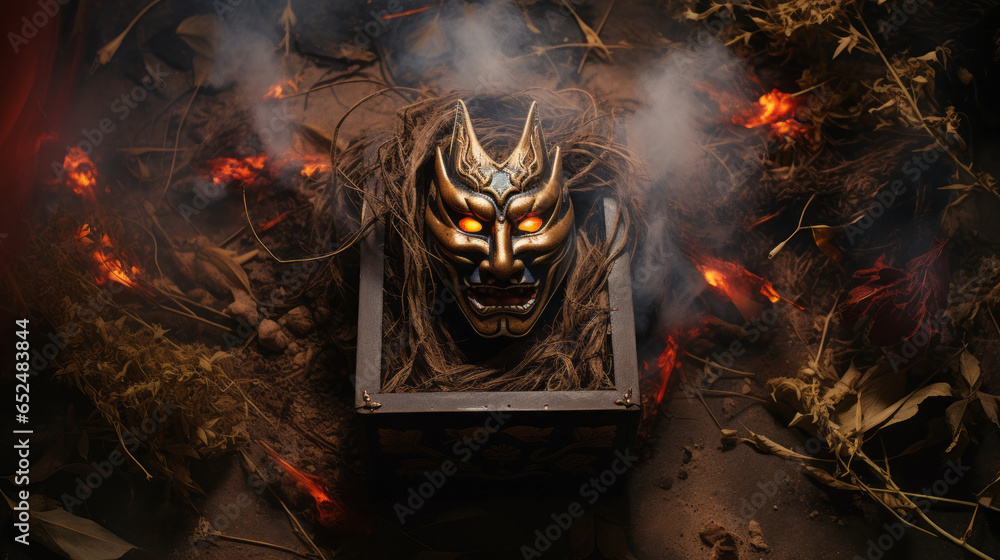 Magical samurai mask with flames and lightning around it placed inside ...