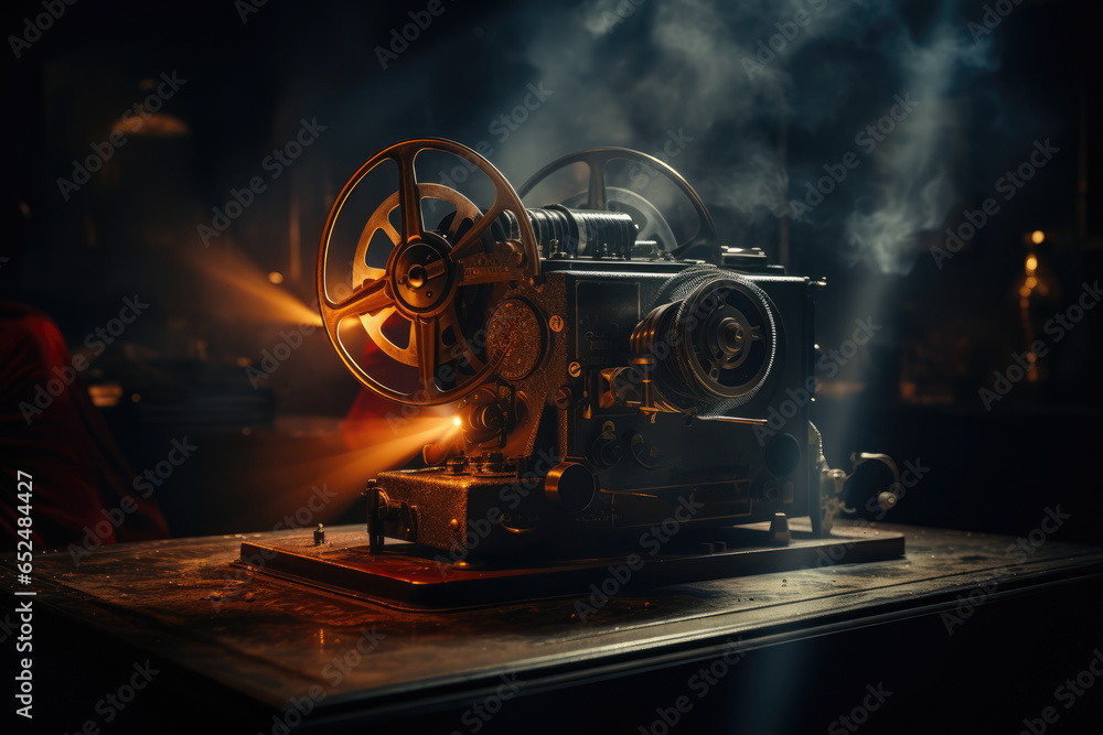 A vintage film projector flickering to life, symbolizing the birth of ...