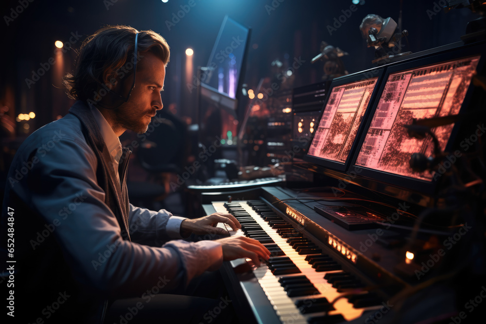 A film score composer conducting an orchestra, underscoring the ...