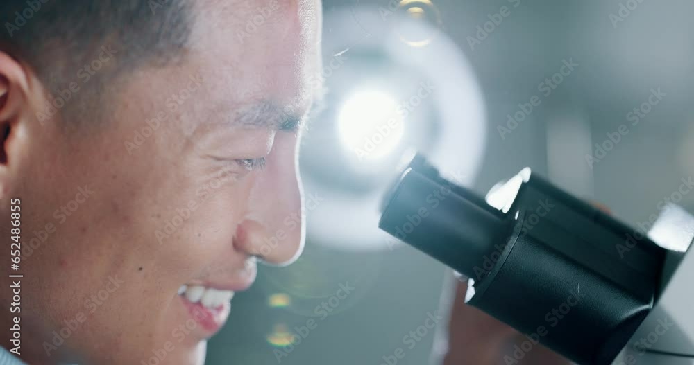 Medical, research and Asian man with microscope, science and dna test ...