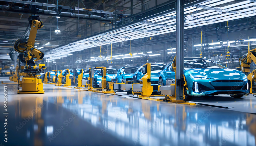 Automobile assembly line production. Car Factory. Automated Robot Arm ...