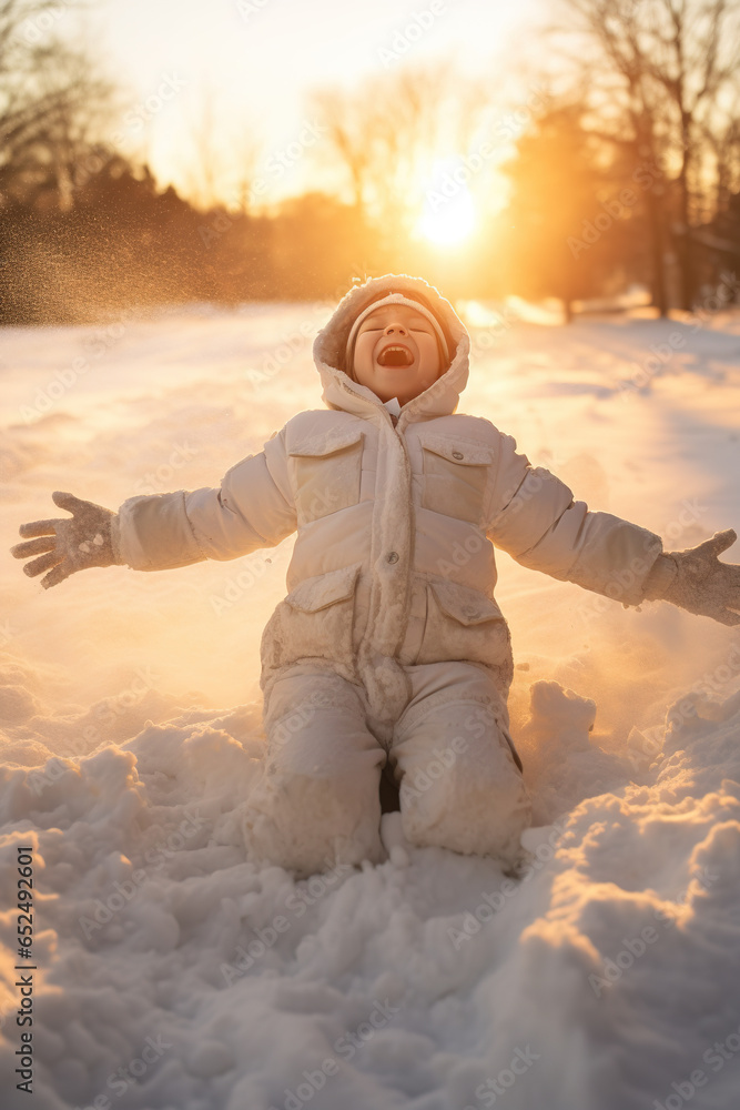 A single child making a snow angel, their face lit up with joy, under ...