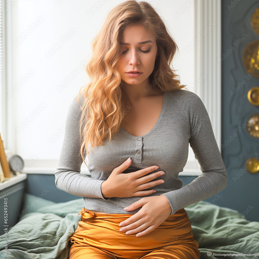 woman with perod pain holds her hands protecting over her stomach Stock ...