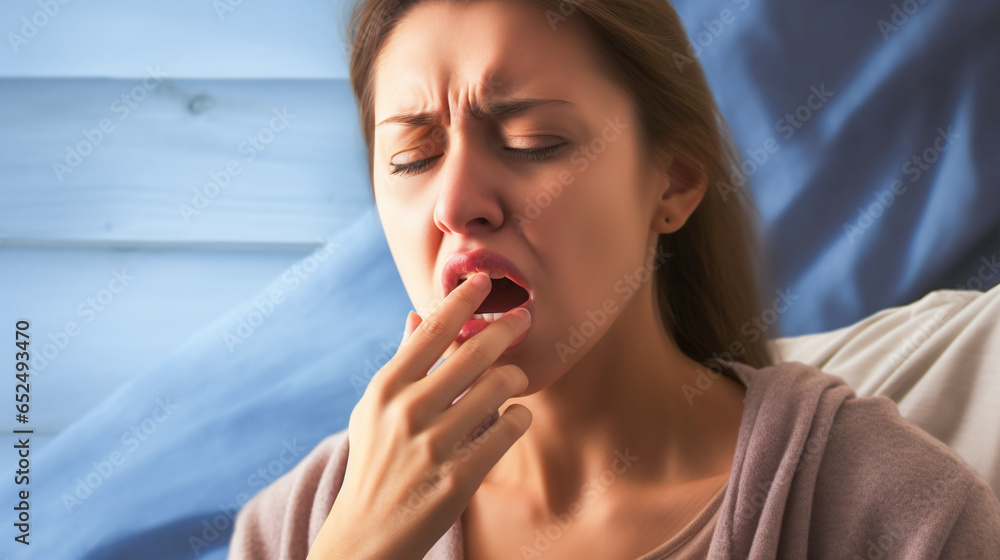 woman with a face distorted in pain holds her hand over her mouth and ...