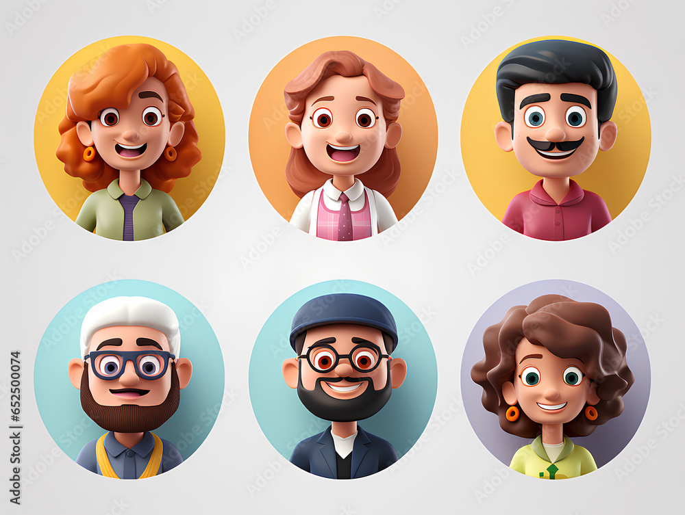 3d render, people avatar collection. Set of round stickers with cartoon ...