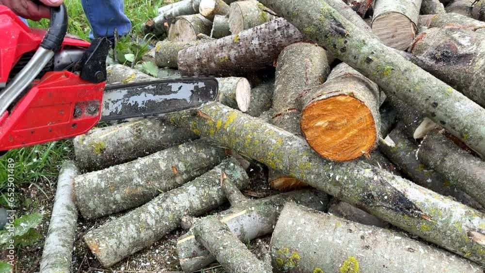 Woodcutter with Chainsaw on forest work. Preparing firewood for winter ...