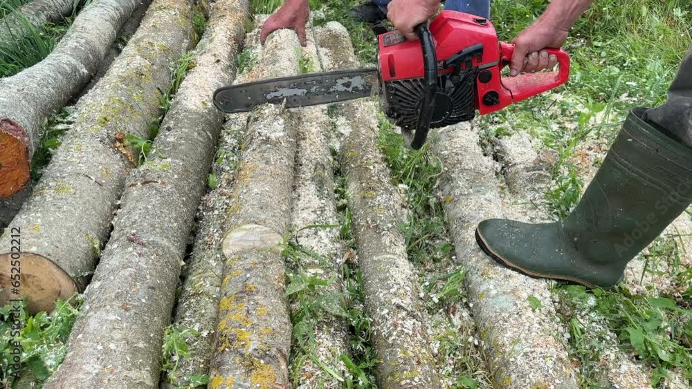 Woodcutter with Chainsaw on forest work. Preparing firewood for winter ...