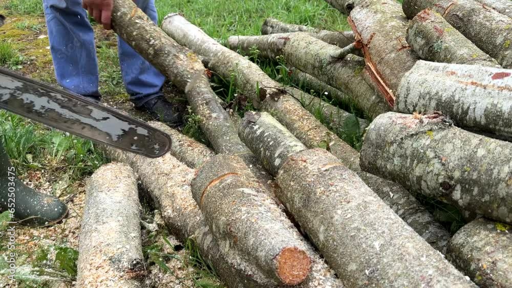 Woodcutter with Chainsaw on forest work. Preparing firewood for winter ...