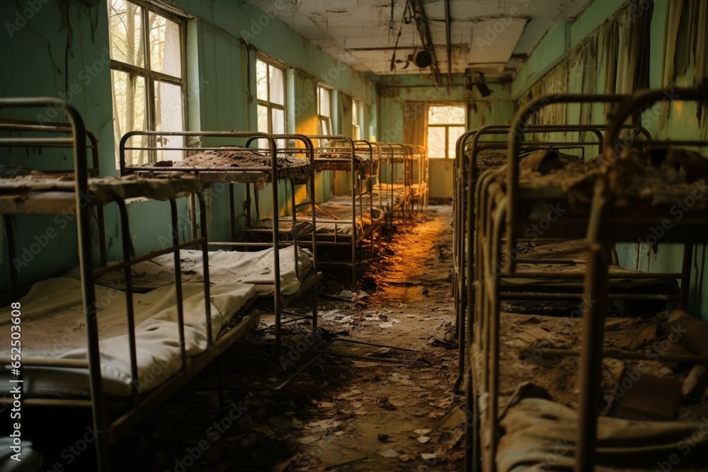 Decaying Soviet style beds within a Chernobyl ghost town kindergarten ...