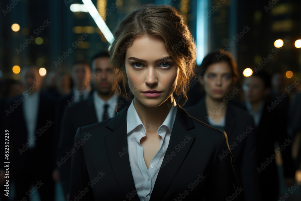 A woman confidently stands in front of a group of people, taking charge ...