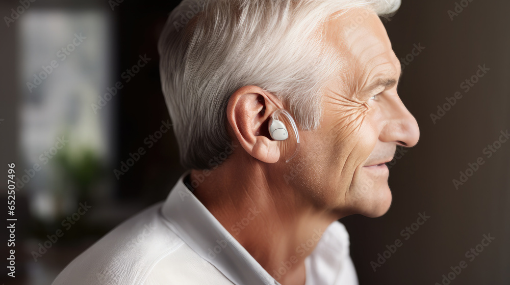 Generative AI, old man, deaf person with electronic hearing aid in ear ...