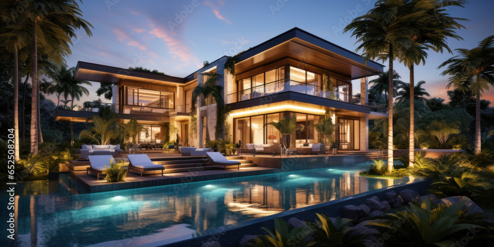 Modern luxury villa, rich mansion with pool in night lights in summer ...