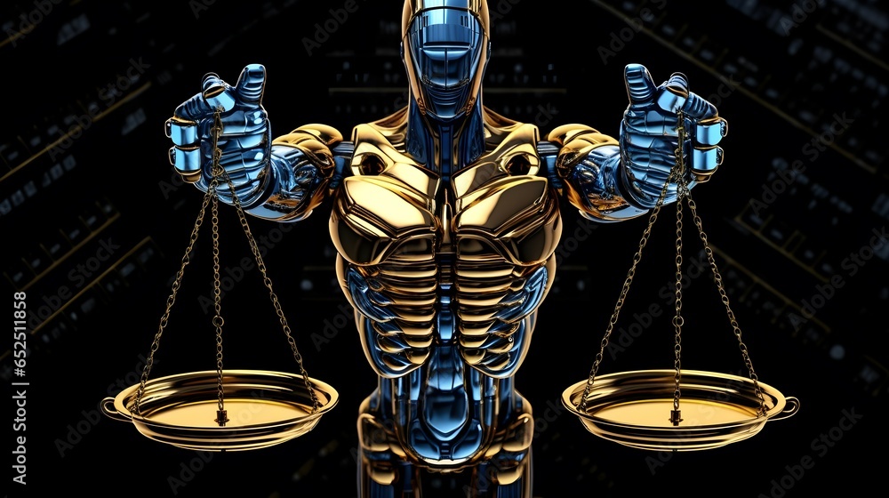 Cyborg holding scales of justice. Cyber law concept. Generative ai ...