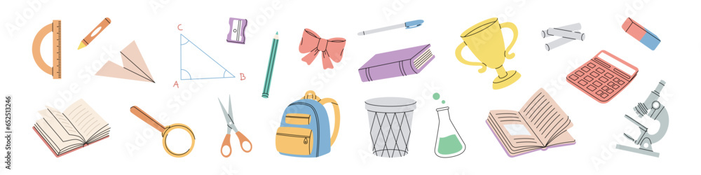 Set of school supplies. Protractor ruler, measuring tool, books ...