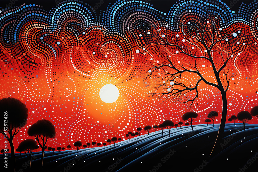 Australian Aboriginal dot painting style art dreamtime story of a night ...