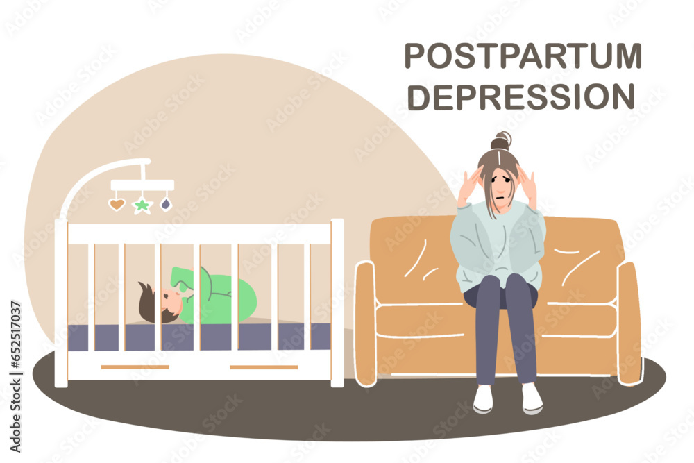 Postpartum depression. Tired woman is sitting on the sofa near the ...
