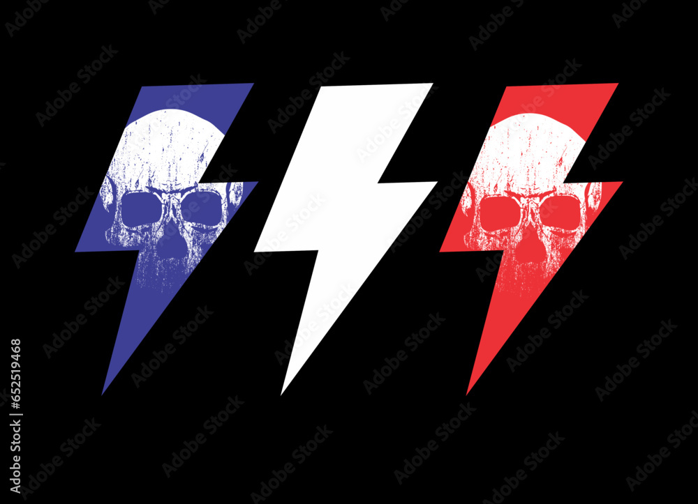 T-shirt design of three thunder symbols with the colors blue, white and ...