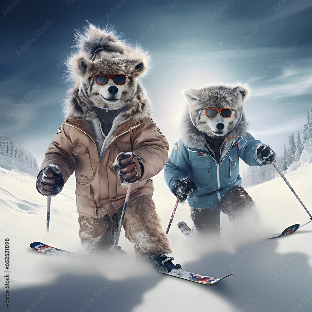Wolves with skis on a snow track run downhill in a beautiful alpine ...