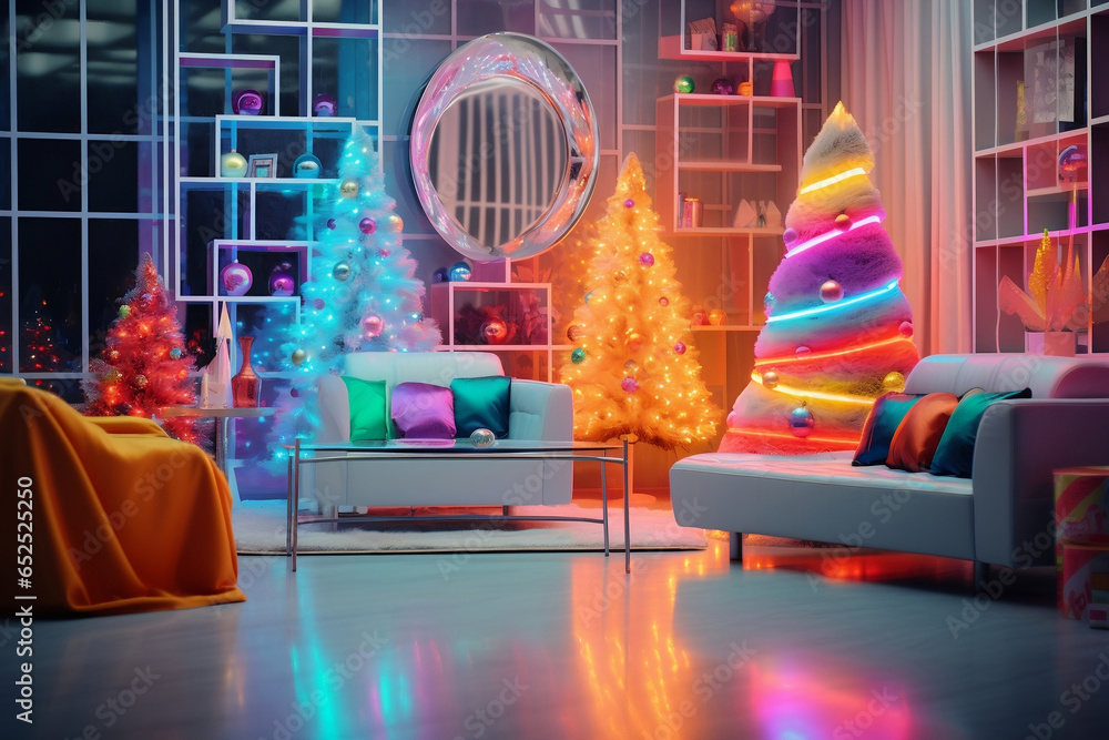 Futuristic cyber Christmas tree with colorful ornaments and shining ...