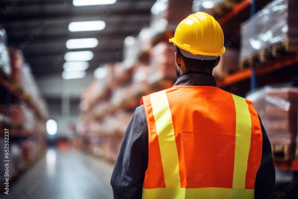 Portrait of a male warehouse worker, stand his back. Worker wearing ...