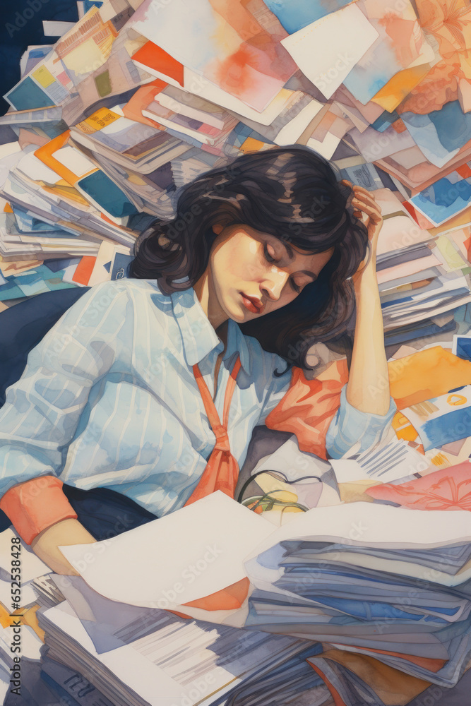 illustration of a young white woman looking tired/exhausted/overworked ...