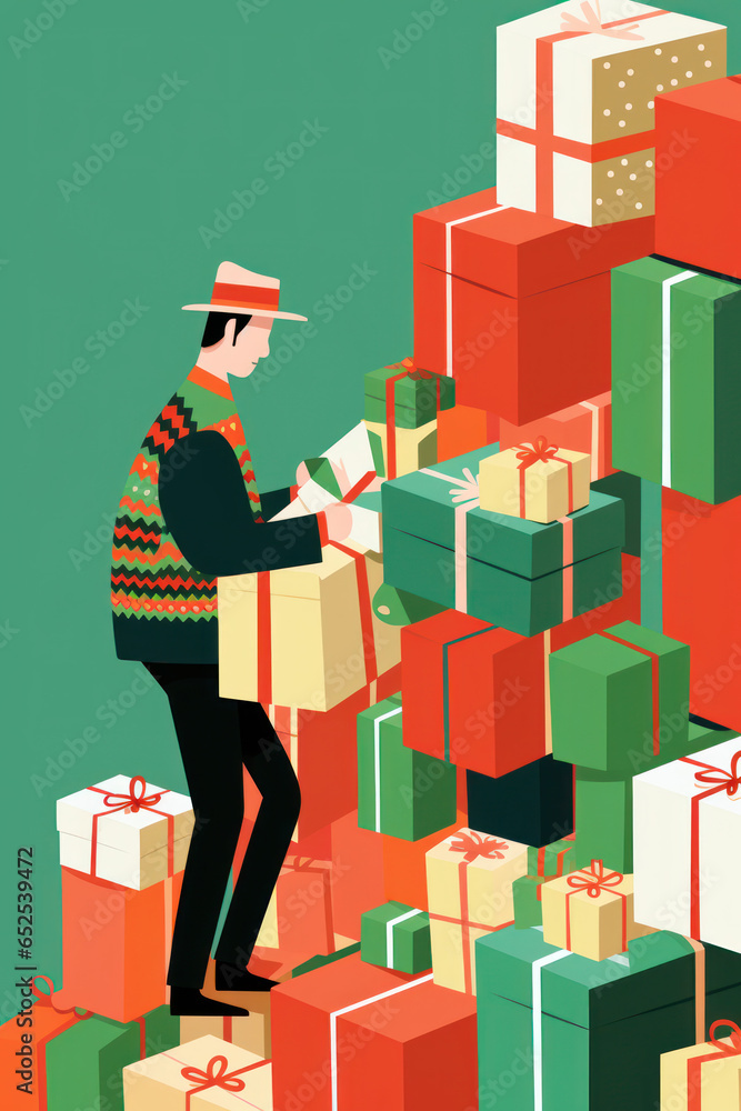 color block illustration of a postman delivering christmas packages ...