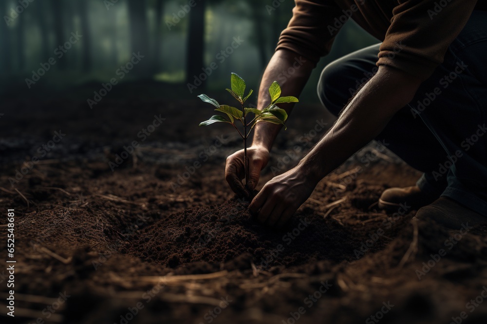 Planting new trees in an open area. Reforestation of conifer trees in ...