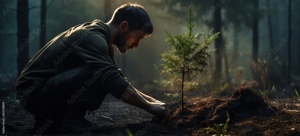 Planting new trees in an open area. Reforestation of conifer trees in ...