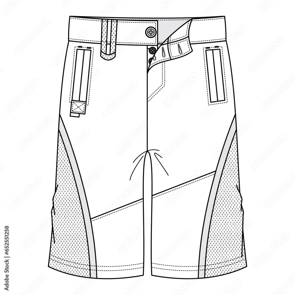 A technical drawing of shorts design elements such as waistband type ...