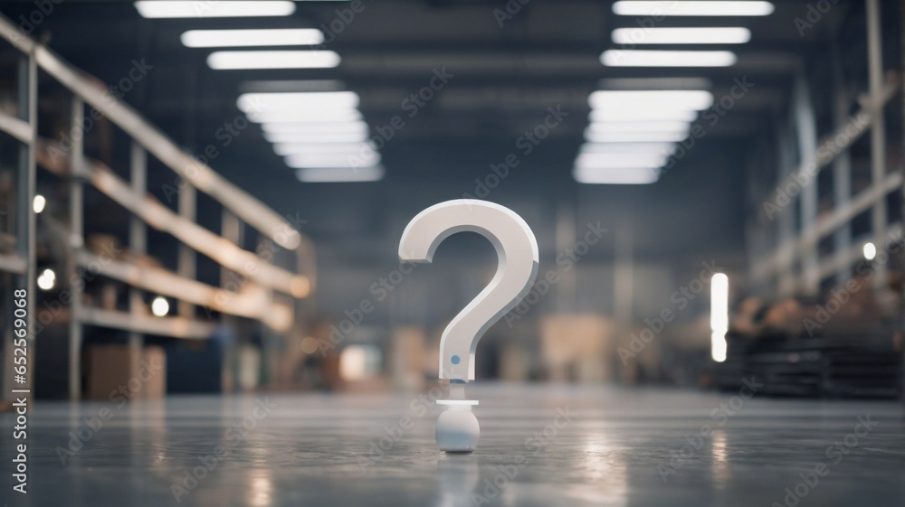 A white question mark standing in the middle of an empty warehouse or ...
