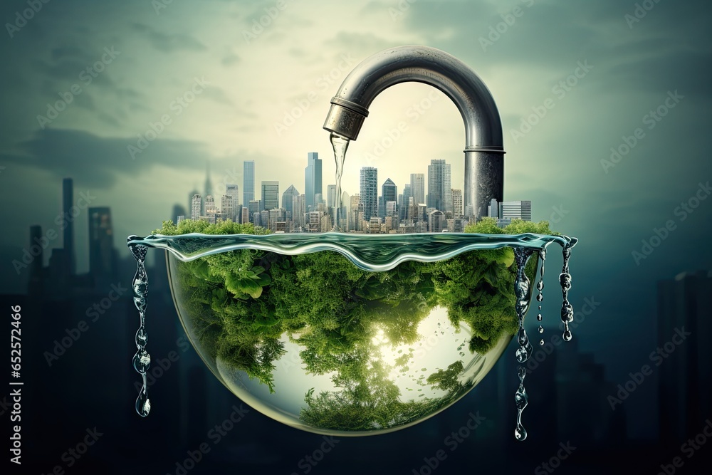 Drop of water falls from Earth in a water saving concept. Generative AI ...