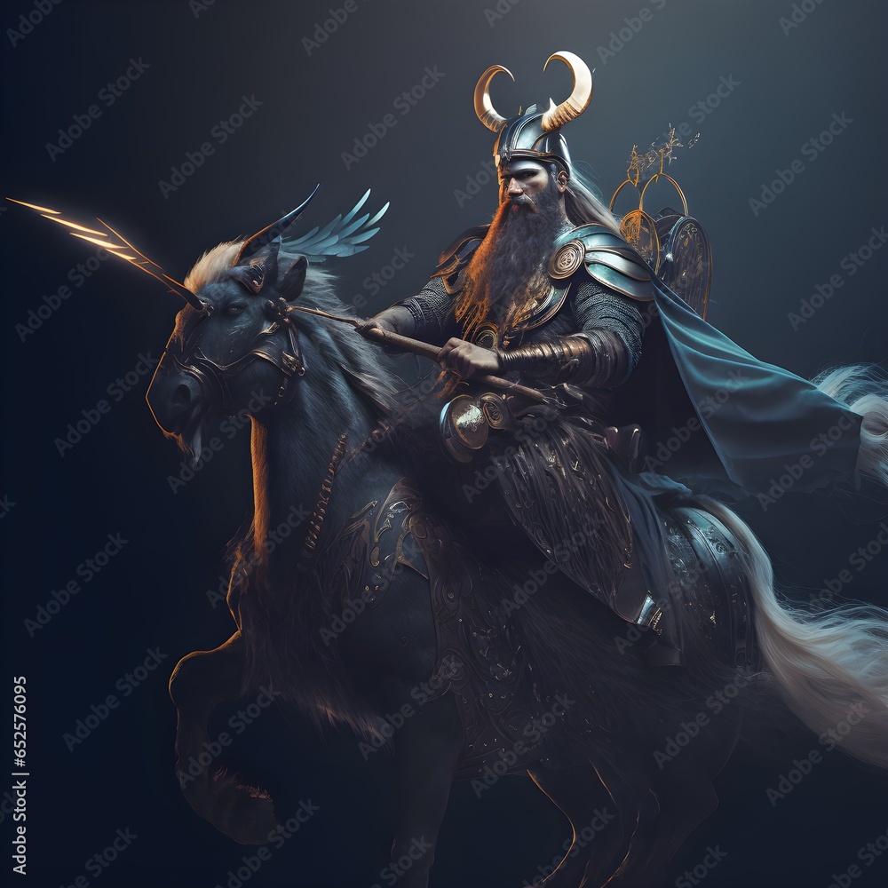 futuristic cyberpunk male viking carring spear while riding winged ...