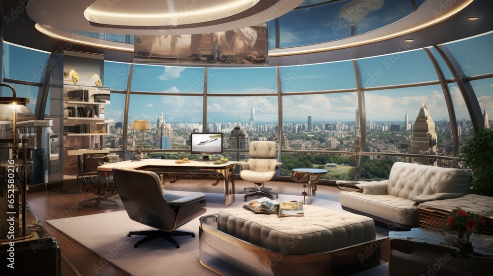 a lavish penthouse office with panoramic windows, a helipad, and ...