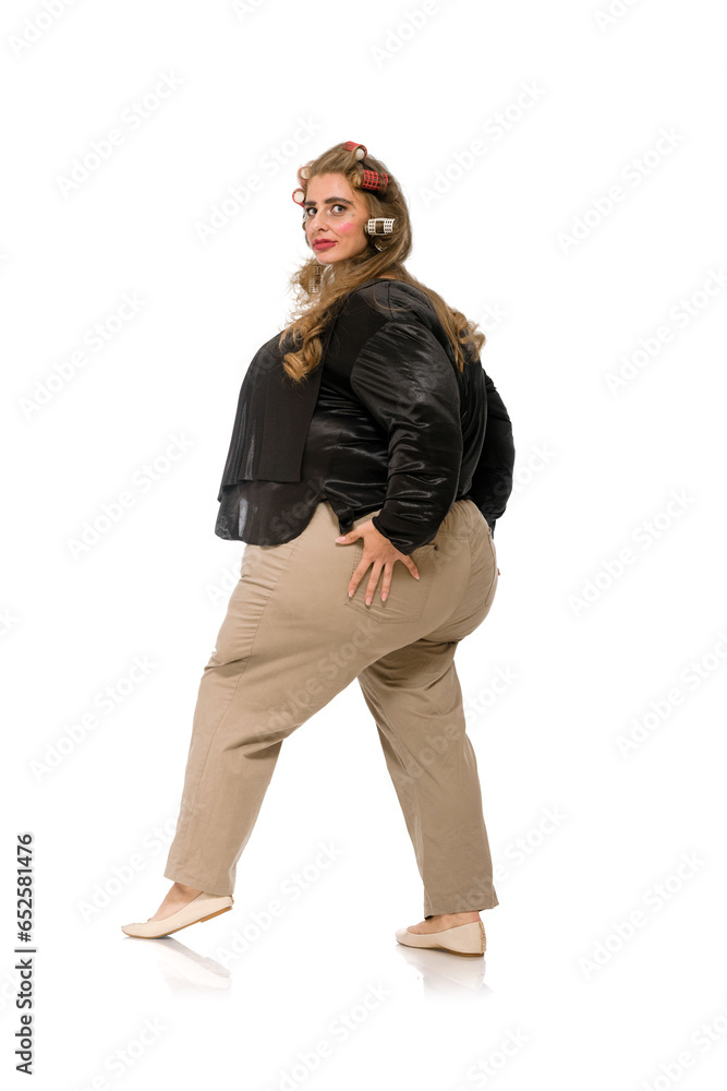 Overweight fat woman showing her back with obesity on white background ...