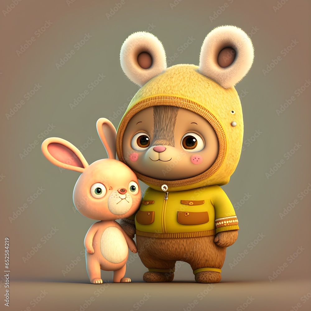 cute female bear and a tiny friendly boy rabbit style of spongebob ...