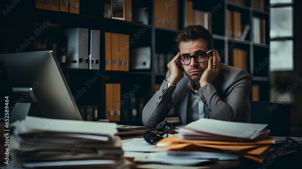 business person in office making important phone call about serious ...