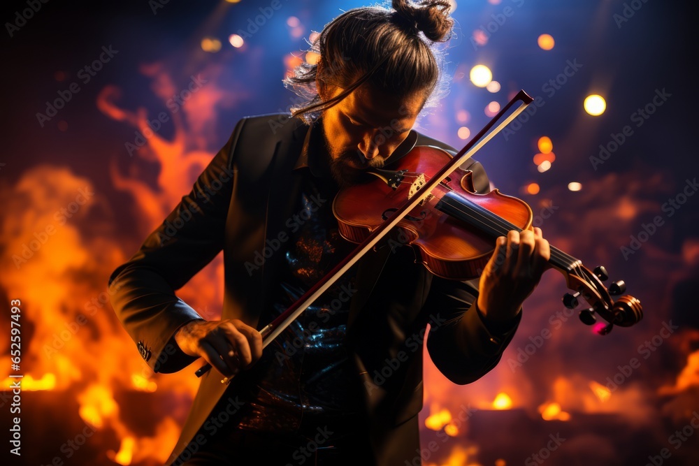 Musician playing a violin on a dimly lit stage, with the dramatic blur ...