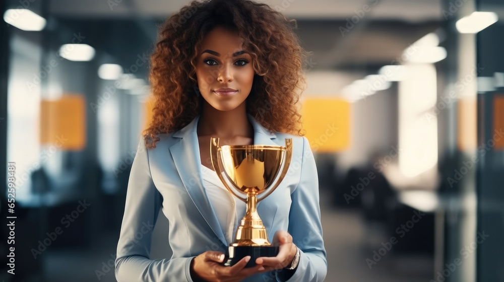 Smiling, Young female African American holding golden cup trophy at ...