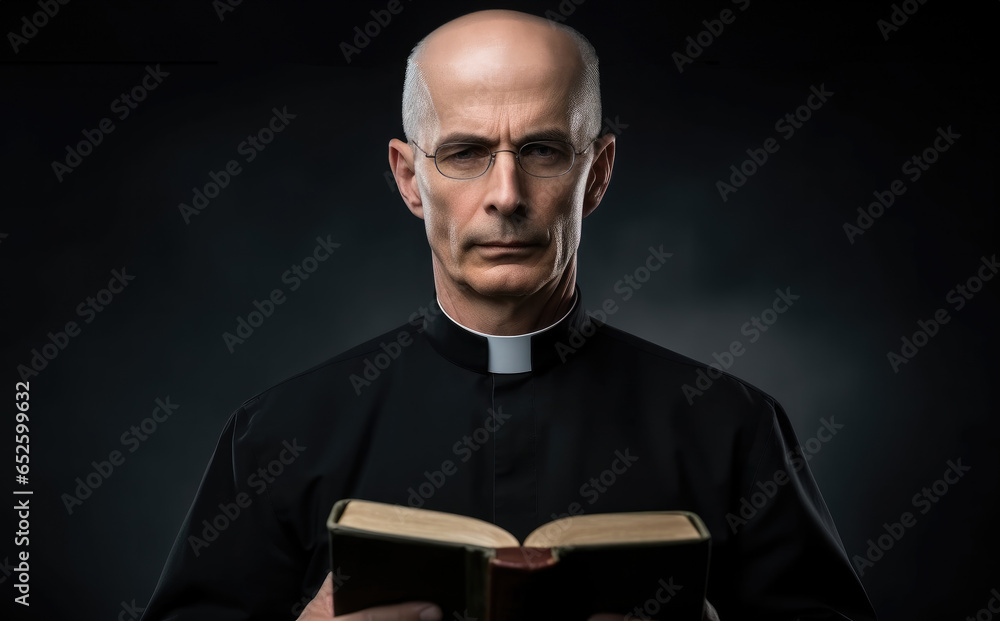 Catholic christian church priest wearing black cassock robe holding the ...