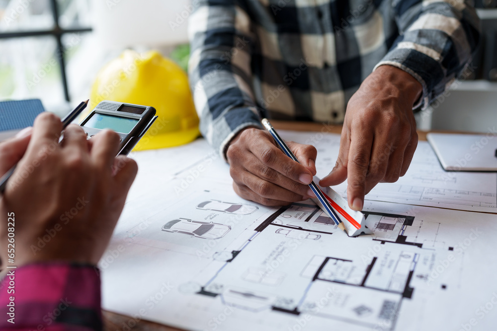 Structural engineer team discussing and calculating work Office design ...