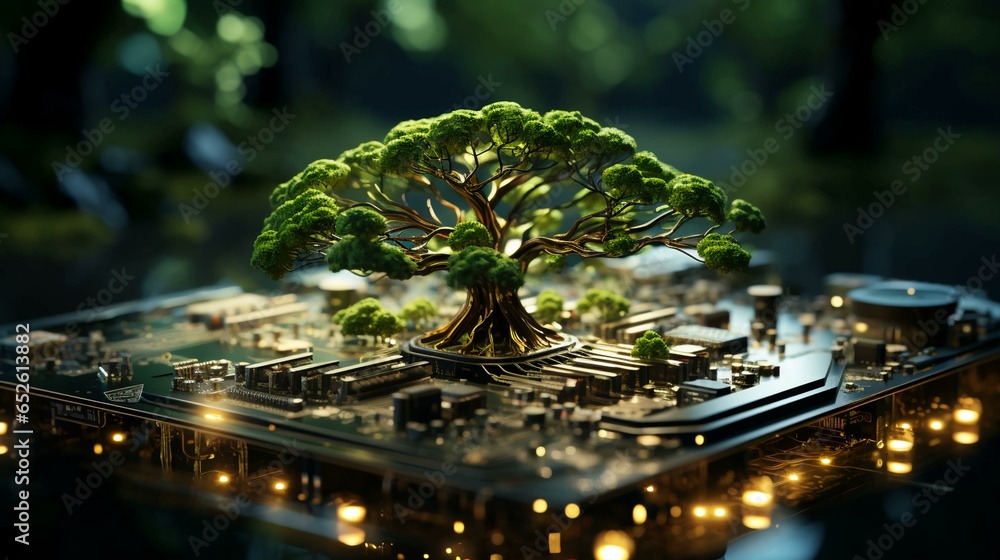 Green natural eco-friendly tree and computer technology on an abstract ...