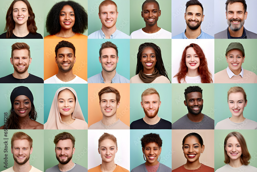 Fototapeta Collage of portraits and faces of smiling multiracial group ... Fototapeta Collage of portraits and faces of smiling multiracial group ...