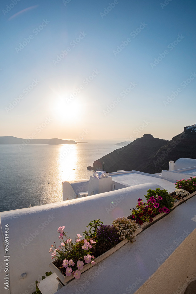 Sunset landscape scenic view in Santorini, Greece from a beautiful ...