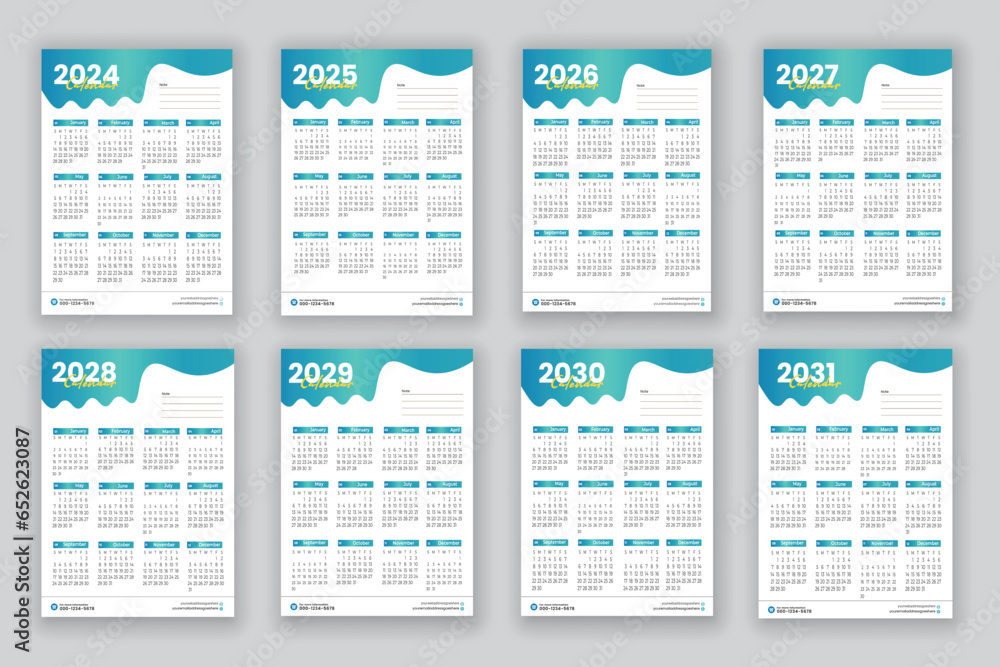 Calendar for 2024, 2025, 2026, 2027, 2028, 2029, 2030, 2031 years week starts Sunday planner ...