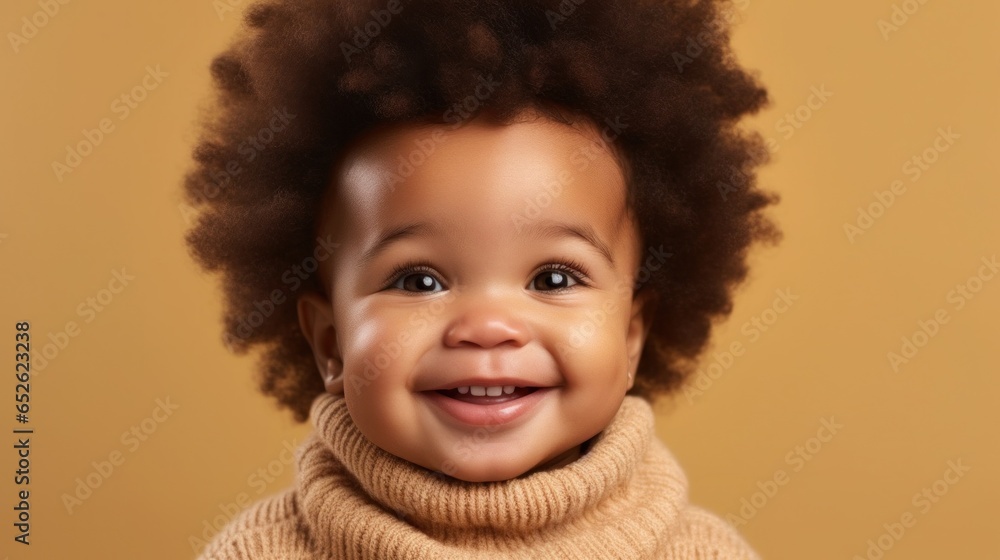 Smiling Afro kid posing against a light beige backdrop. Stock Photo ...