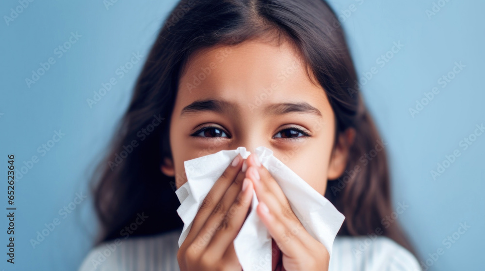 Cute child's portrait, runny nose, white tissue, studio scene. Stock ...