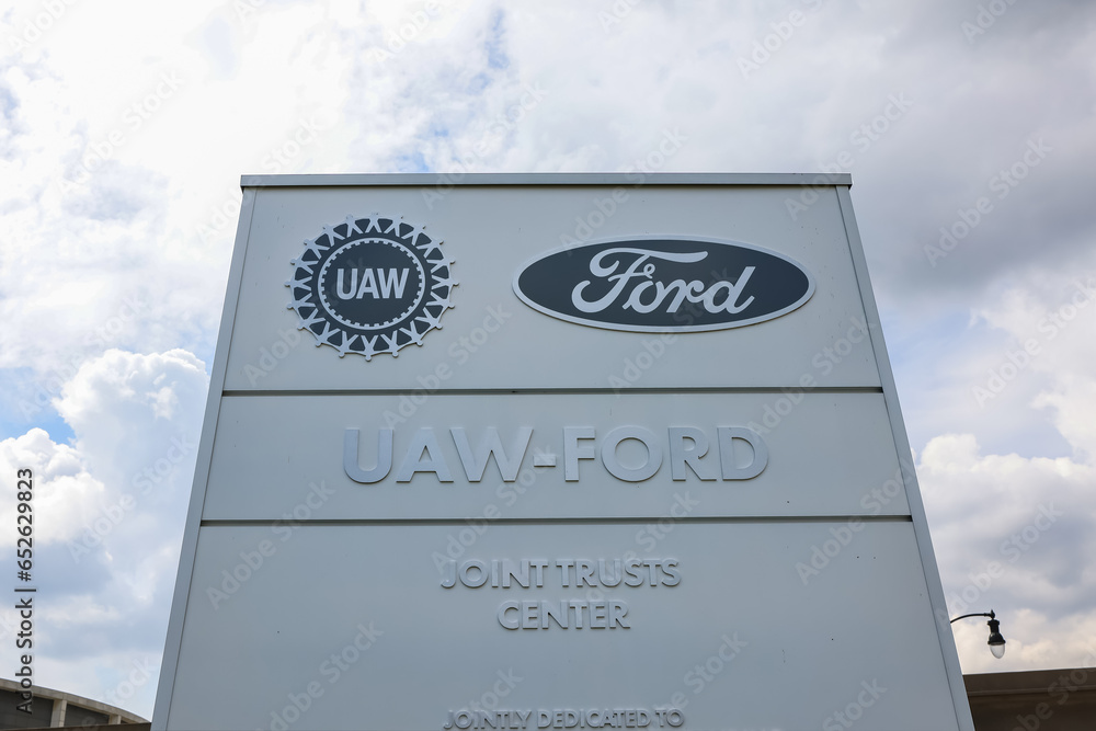 UAW also known as United Auto workers and Ford joint trusts center sign ...