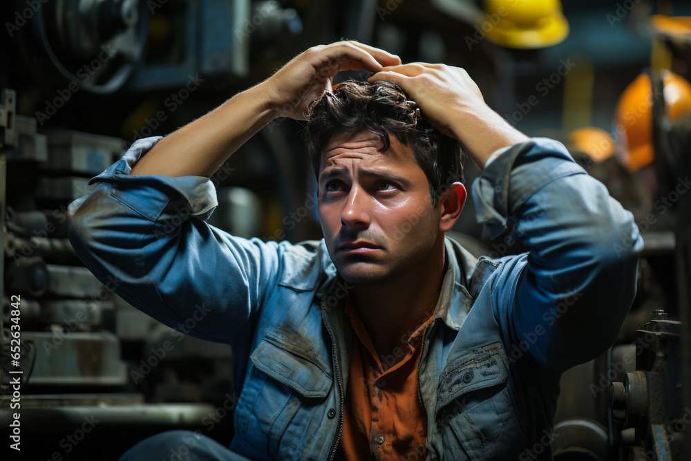 Striking portrayal of a young, exasperated factory worker stressing ...