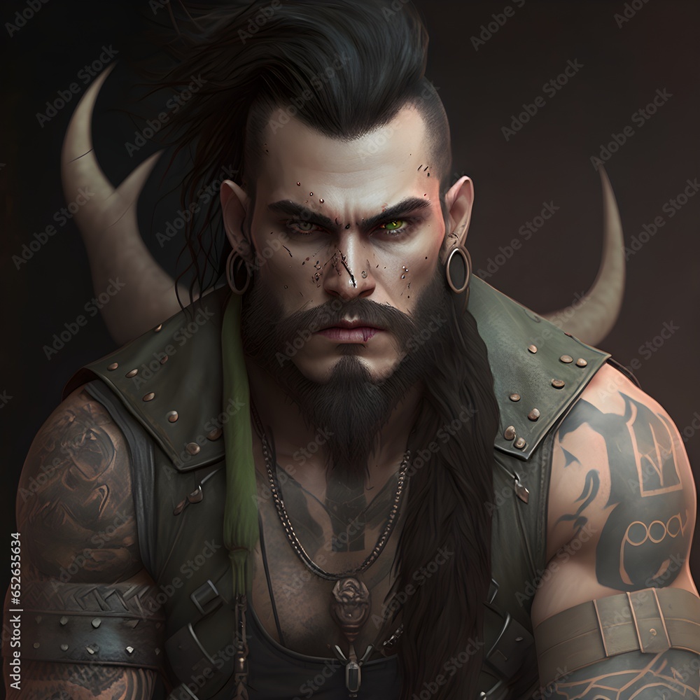 male half orc 30 years old darl black hair medium length well kept ...