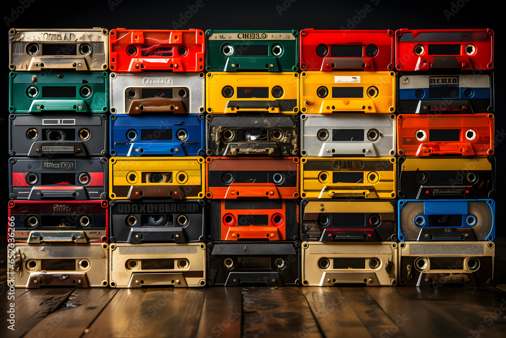 Vintage music cassettes. Retro dj sound tape, 1980s rave party stereo ...